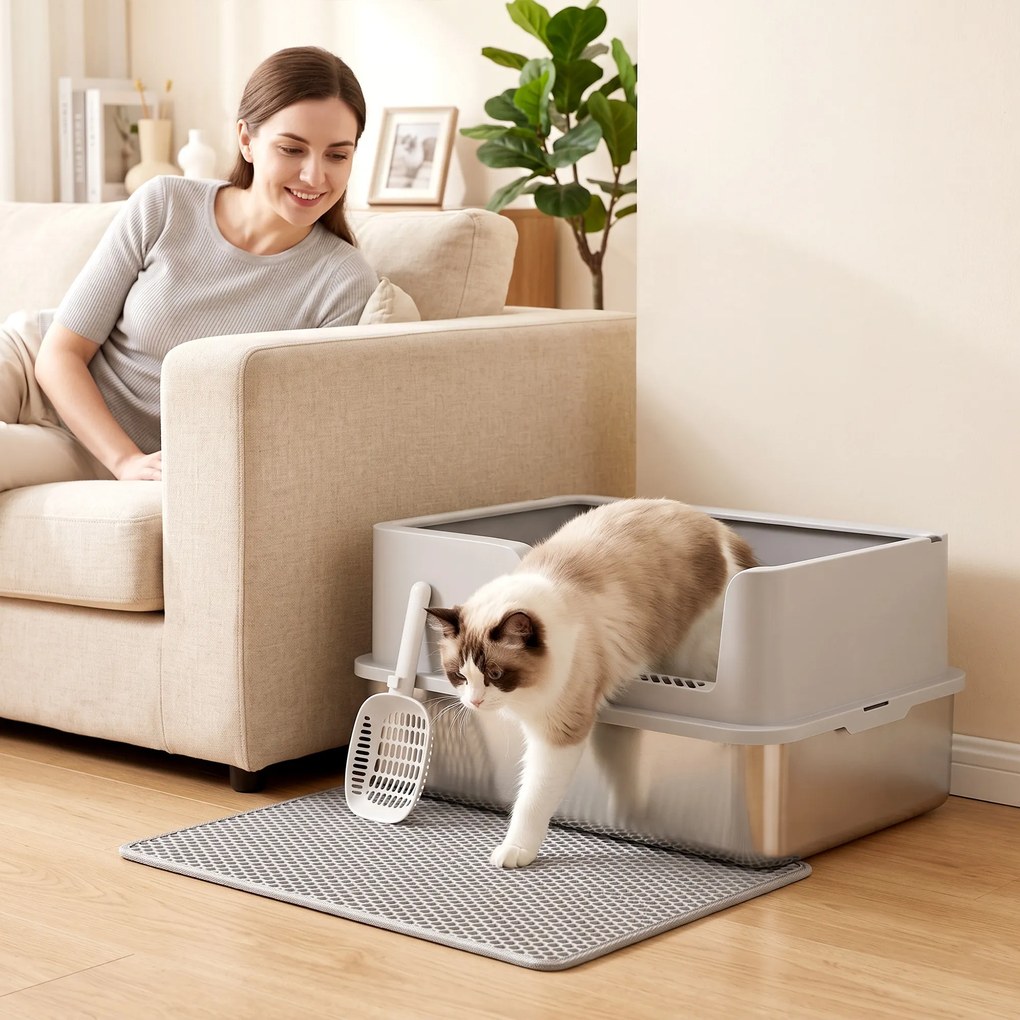 PawHut Kočičí toaleta XL z nerezové oceli s víkem, vysoké boční stěny, lopatka, kartáč, podložka pro koťata až do 8 kg, světle šedá
