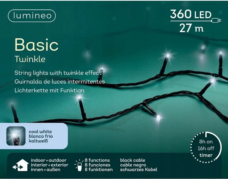 Vánoce Venkovní lampy 360 Led 27 m černá studená bílá Flesz 8 funkcí