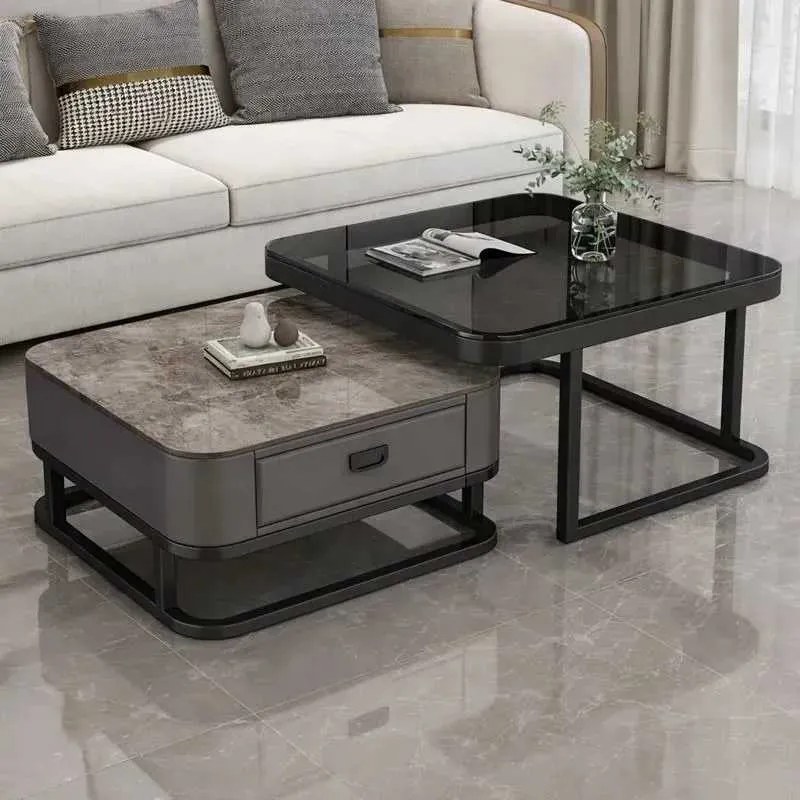 LuxuryForm DESIGN Konferenční stolek ARAGON 70 × 70 / 60 × 60 cm – šedý / šedý mramor + sklo (set 2 ks)
