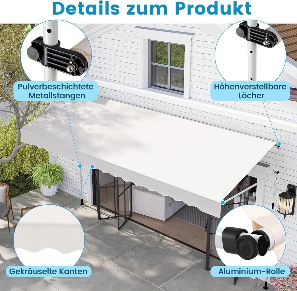 Costway 400 cm balkónová markýza bez vrtání s ruční klikou, výškově nastavitelná