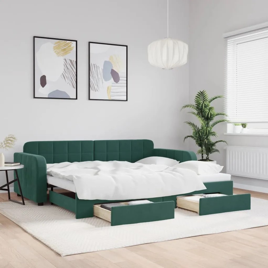 Válenda s přistýlkou a zásuvkami tmavě zelená 90 x 200 cm samet 3196979