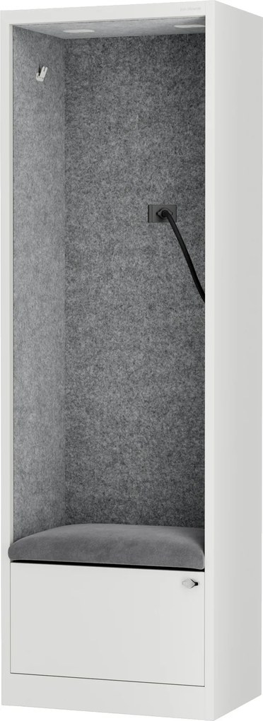 Kancelářská akustická kabina se sedátkem a USB-C portem, korpus bílý / sedák šedá, 600 mm: SALLY MentalBox