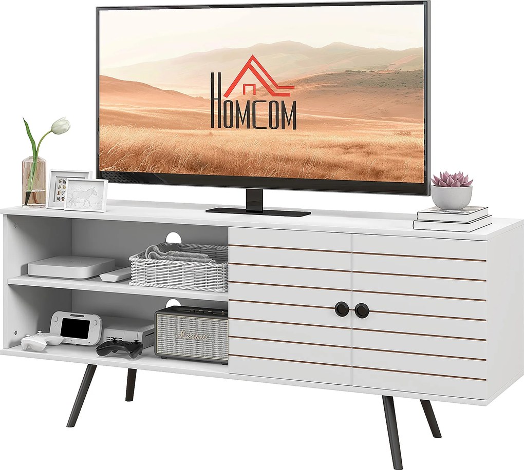 HOMCOM TV stolek do obývacího pokoje pro TV do 65 palců, moderní TV stolek se 2 otevřenými policemi a 1 nastavovací policí 145x38x65 cm Bílý | Aosom