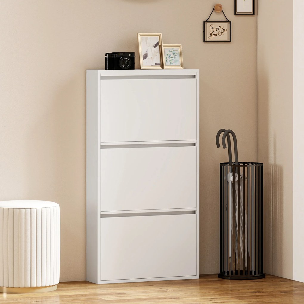 HOMCOM kovová skříňka na boty s 3 výklopnými přihrádkami — úzká nástěnná skříňka na 6 párů, 55 × 15 × 105,5 cm, bílá