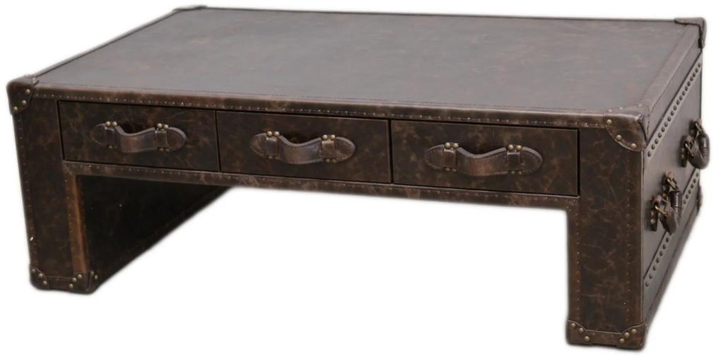 ART-STYLE Konferenční stolek kožený, 5x šuple, vintage tmavá kůže