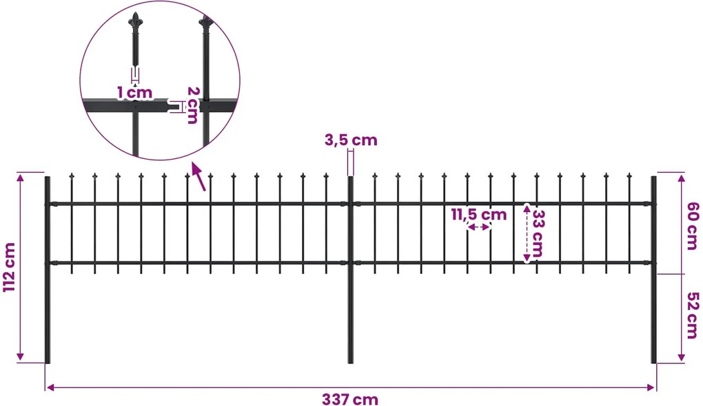 Zahradní plot s kopím nahoře ocelový 337 x 60 cm černý 277594