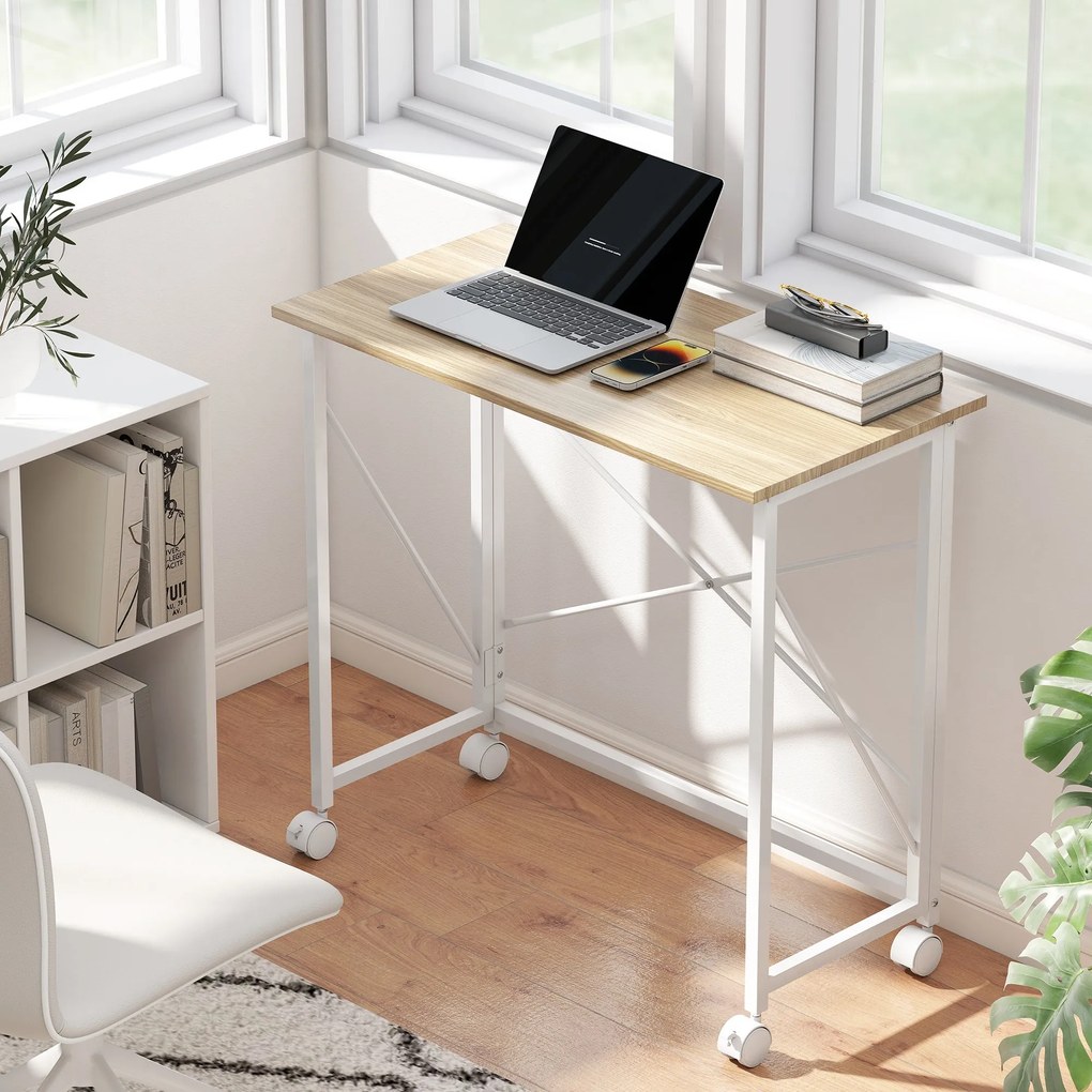 HOMCOM Skládací stůl na kolečkách Kompaktní počítačový stůl, Stolek na laptop pro domácí kancelář do malých prostor 80x40x75 cm Přirozený | Aosom