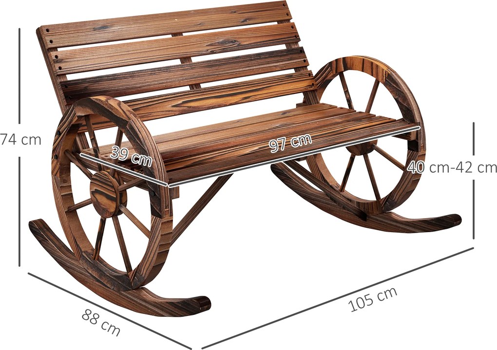 Dřevěná houpací lavice Outsunny, dvoumístná houpací lavice s područkou, nosnost až 240 kg, pro zahradu a balkon, design z ohořelého dřeva |