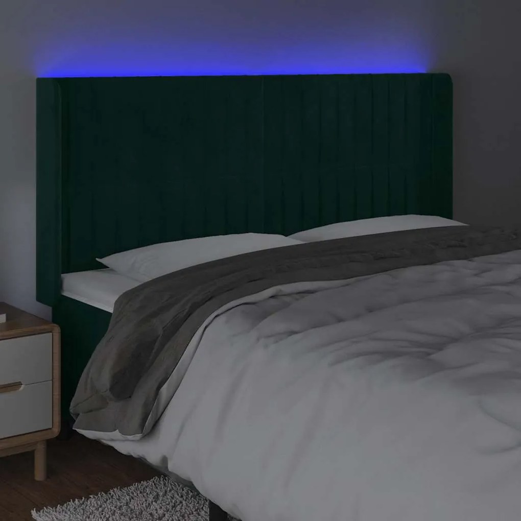 Čelo postele s LED tmavě zelené 203 x 16 x 118/128 cm samet 3124355