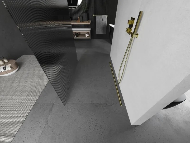 Mexen Kioto, sprchová zástěna Walk-In 110 x 200 cm, 8mm sklo s žebrovým vzorem, zlatý matný profil, 800-110-002-55-09