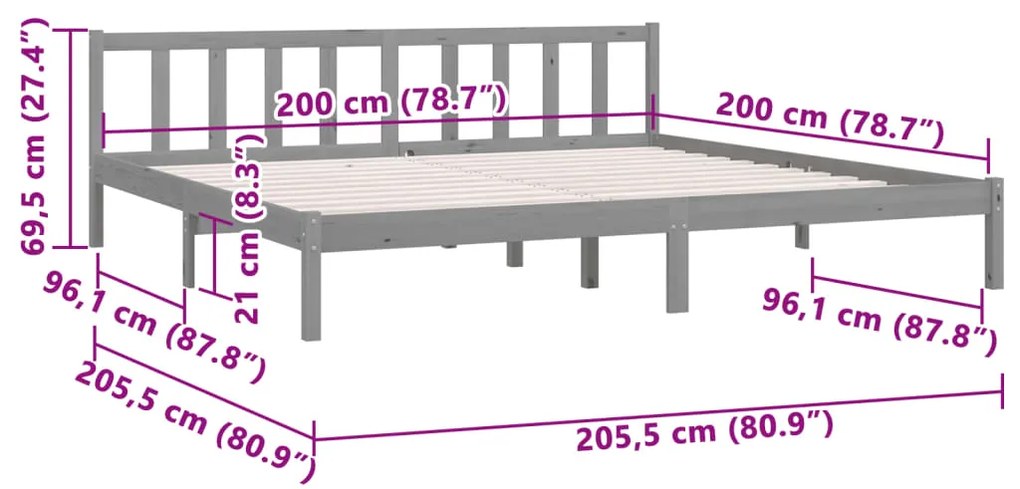 vidaXL Marketos Rám postele šedý masivní borové dřevo 200 x 200 cm