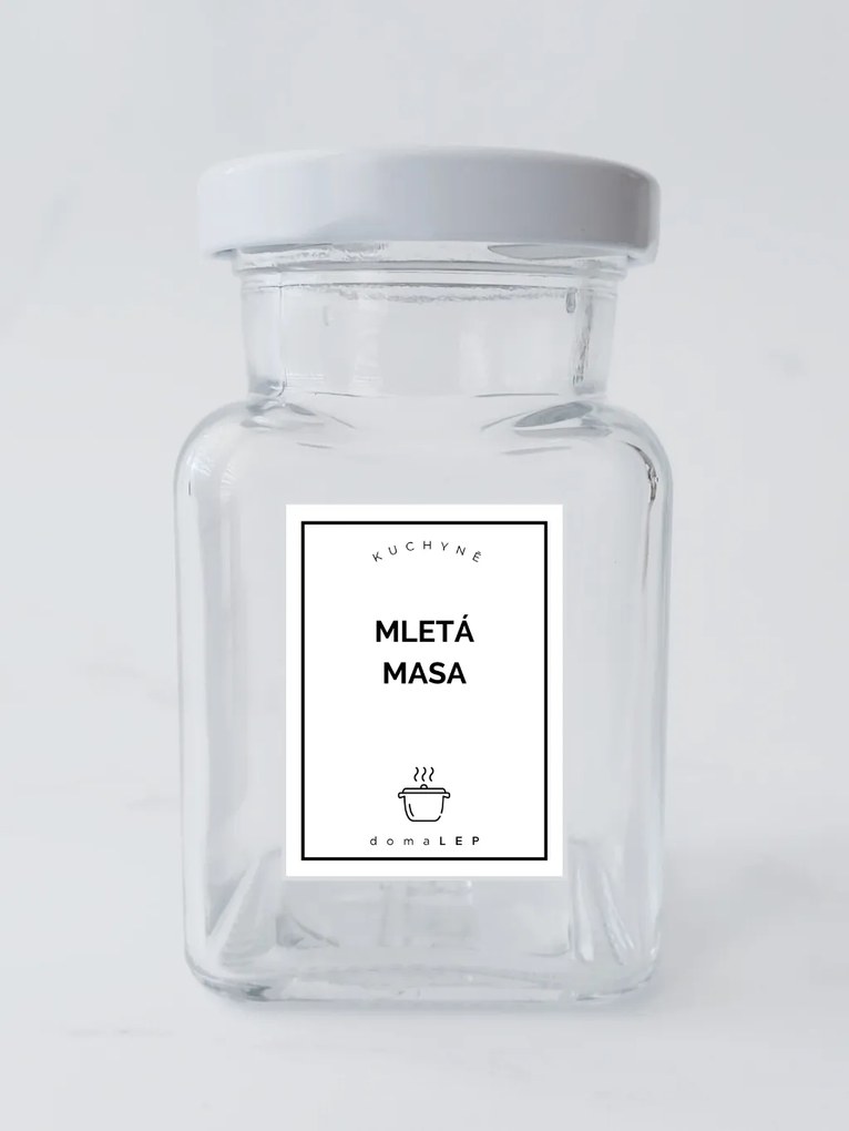 Samolepka na kořenky MLETÁ MASA bílá 3 × 4 cm tučné písmo