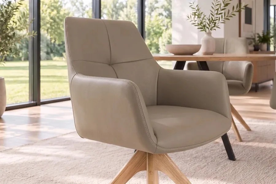 Designová otočná židle Devassy taupe kůže / dub