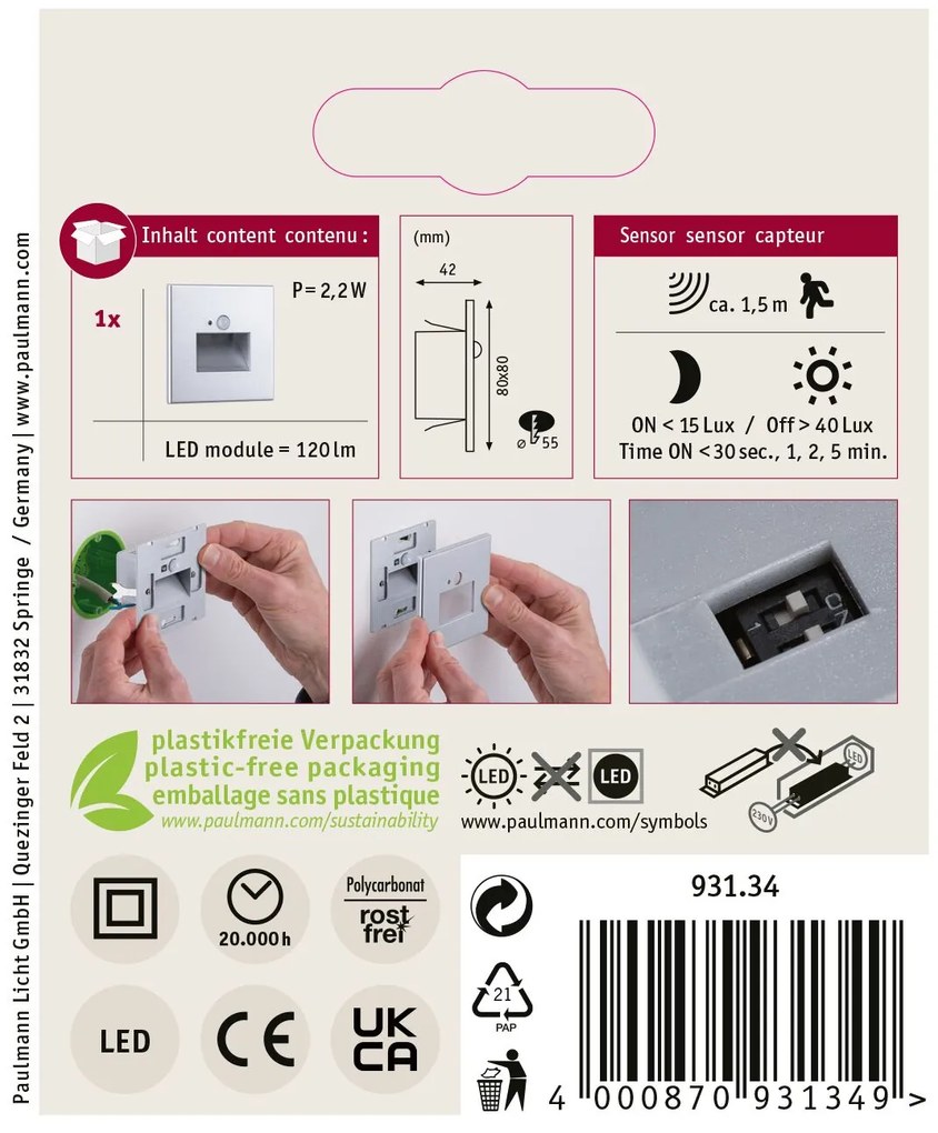 Paulmann 93134 Edge Quadro, svítidlo do stěny se senzorem, 1x1,2W LED 2700K, matný chrom, 8x8cm
