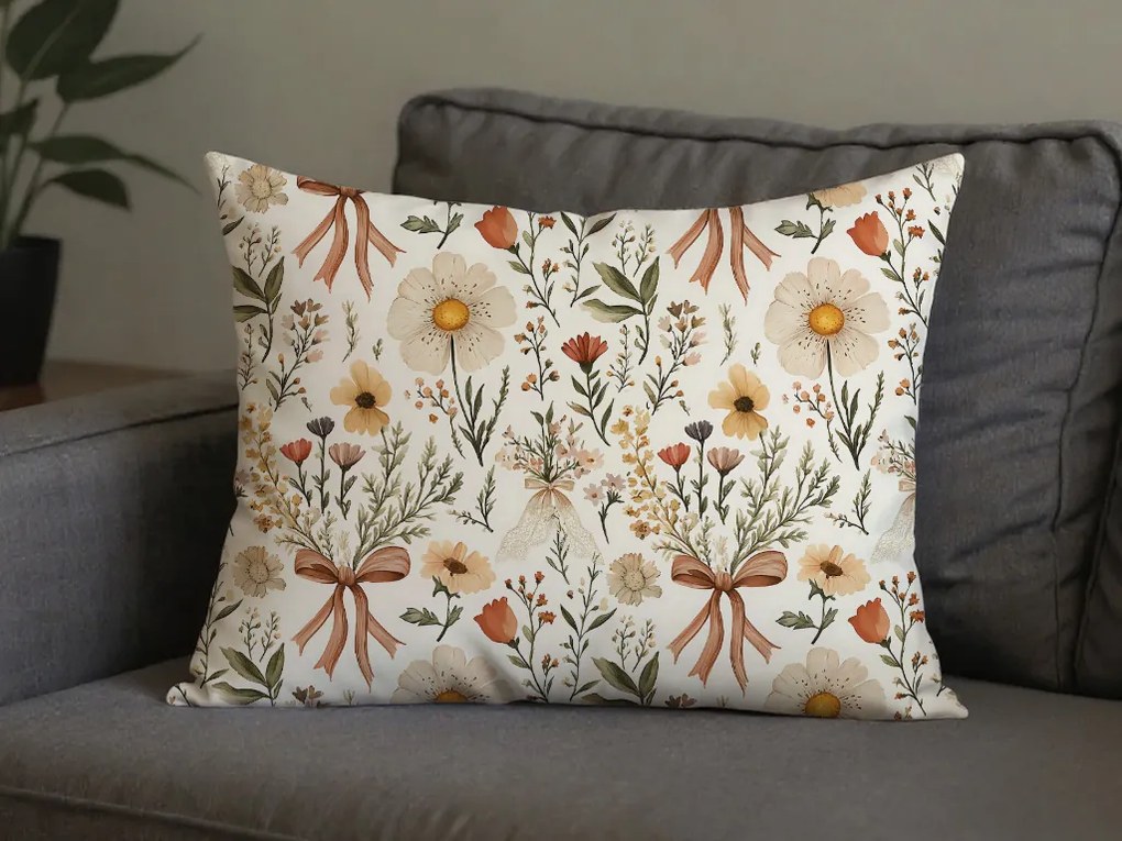 Polybavlněný povlak na polštář FLORAL RIBBON POLY 70x90 cm, krémový