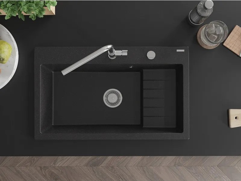 Mexen Omar žulový dřez 1-komorový 800 x 480 mm, černý/stříbrný metalik, sifon chrom - 6520801005-73