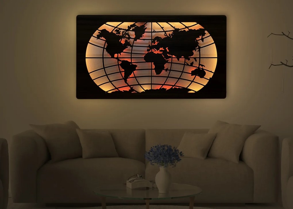 Li-Go "Mapa světa rovnoběžky" světelný RGBW obraz 230V 125x74 cm provedení povrchu: černá s patinou