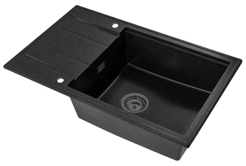 Sink Quality Ferrum New 8010, 1-komorový granitový dřez 800x500x210 mm + grafitový sifon, černá skvrnitá, SKQ-FER.8010.BP.XB