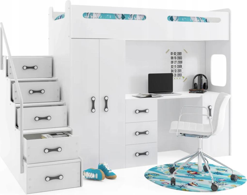 BMS Group Dětská multifunkční postel s psacím stolem a skříní MAX 4 200x80 bílá Bílá