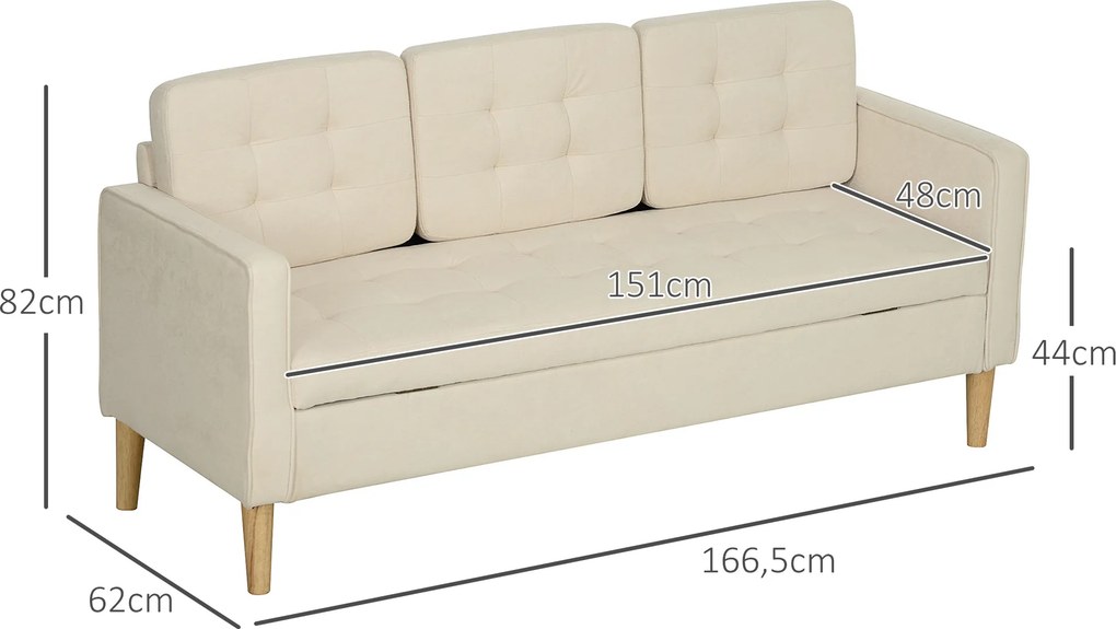 HOMCOM 3-místná pohovka s úložným prostorem, prošívání na knoflíky, čalouněná pohovka, 166,5 x 62 x 82 cm, krémově bílá