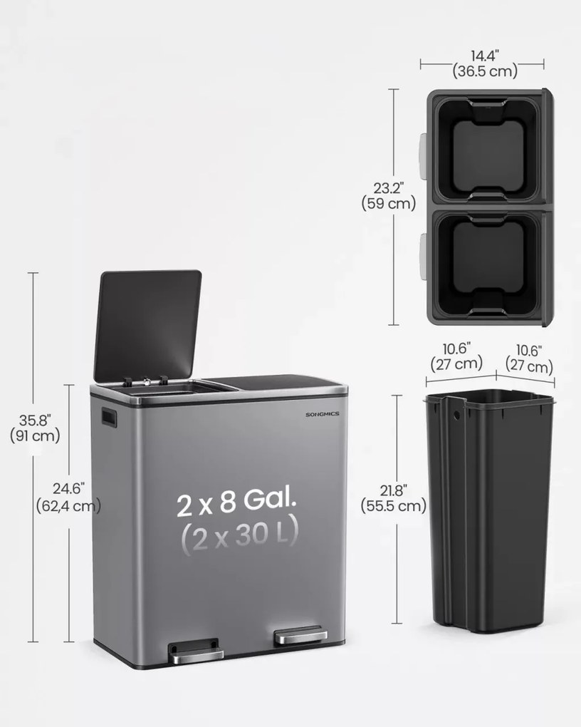 Odpadkový koš s víkem JORDAN 2x30 L šedý/černý
