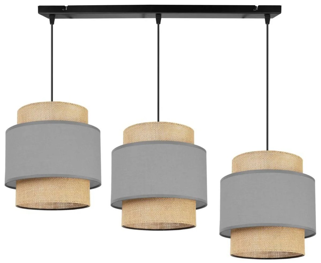 Závěsné svítidlo Boho, 3x jutové/šedé textilní stínítko