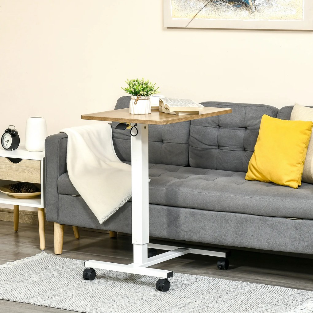 HOMCOM Stůl Sit-stand výškově nastavitelný s kolečky Prostorově úsporný stůl na notebook ve tvaru C přírodní bílá 70-110 cm do 70 kg