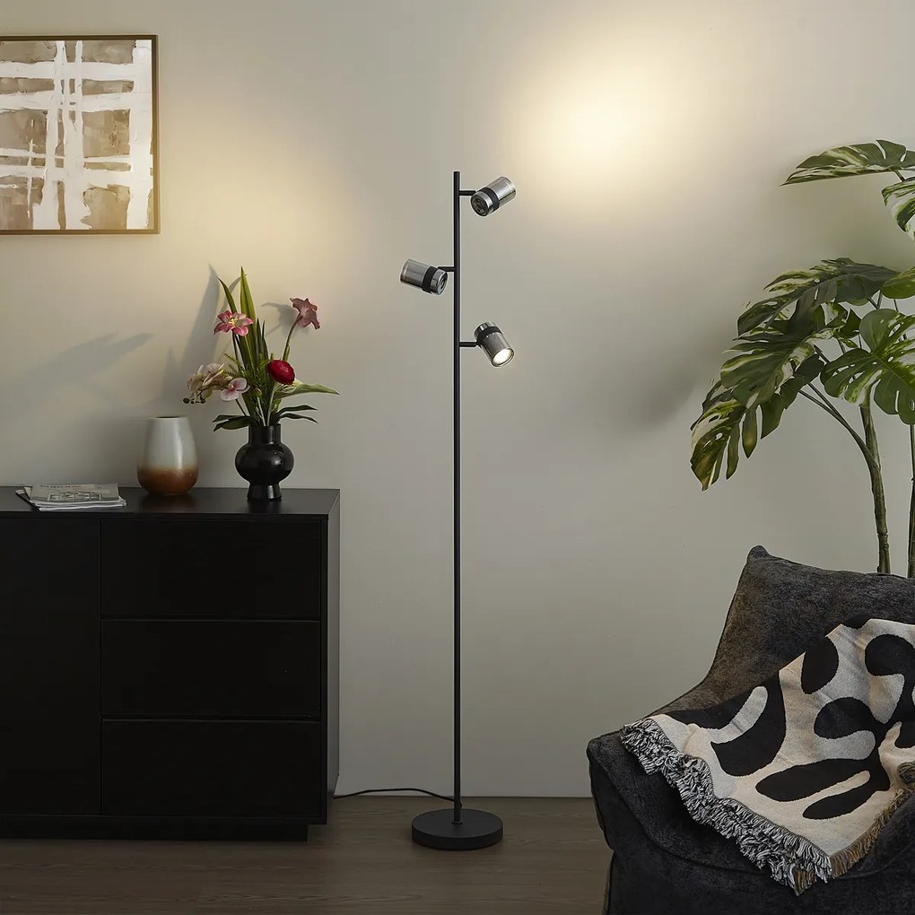 Moderní stojací lampa černá s kouřovým sklem, 3 světla, otočná a sklopná - Gianni