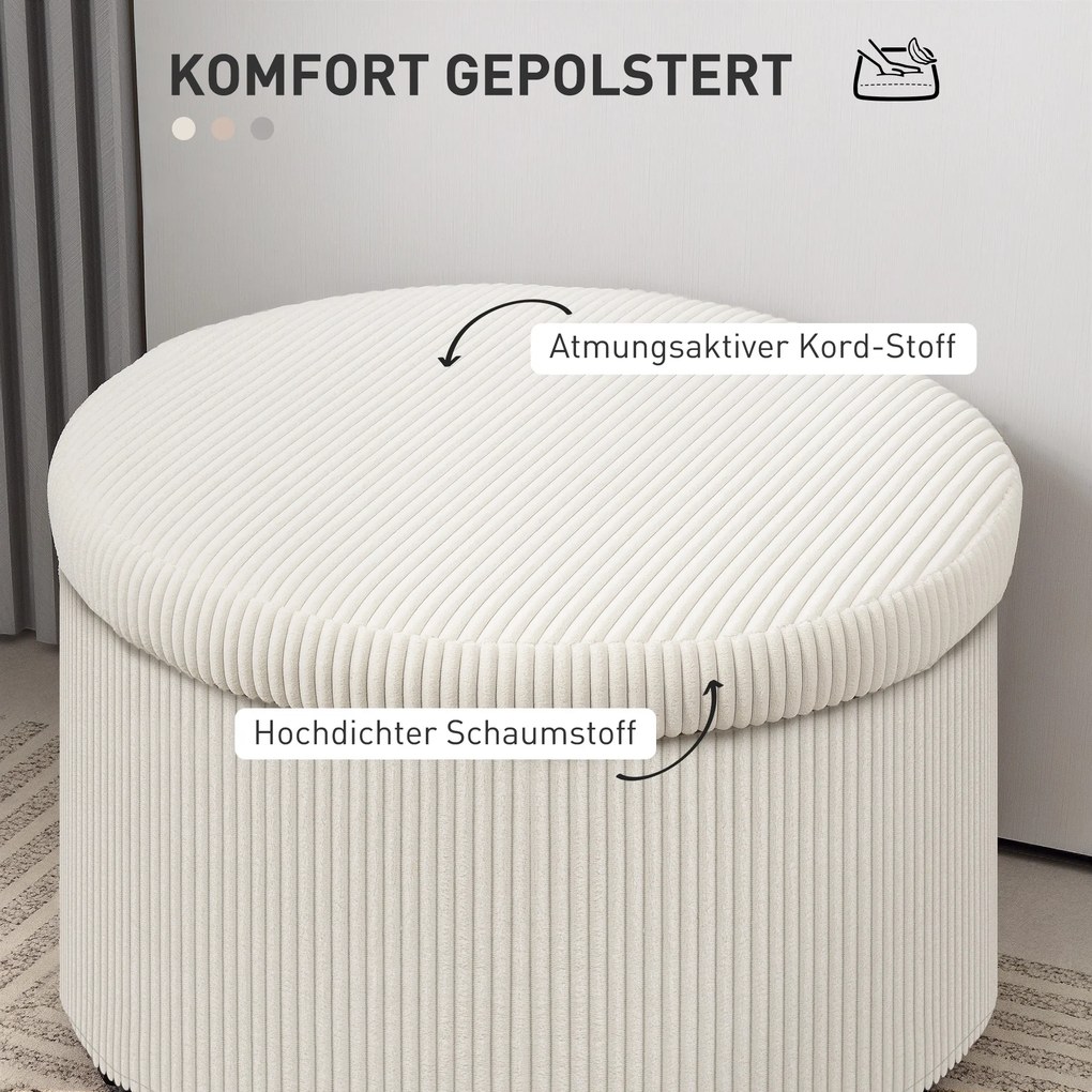 HOMCOM Úložný Ottomanský Sedák s Víkem, Kulatý Polstrovaný Podnožník s Vzhledem Kordu pro Obývací Pokoj, Ložnici 60 x 41 cm Bežová