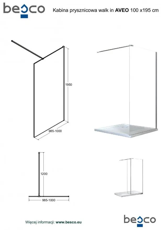 BESCO Walk-in sprchový kout AVEO BARVA rámu - Chrom/Leštěný hliník (ALU), Pevná stěna - Bez pevné stěny, Rozměr A - 100 cm, Rozměr C - 195 cm, Výplň - Čiré bezpečnostní sklo - 8 mm BCAVEO100