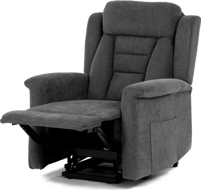 Relaxační křeslo s elektrickým ovládáním, pomoc při vstávání, potah šedá látka, 2 motory (82 x 98) cm