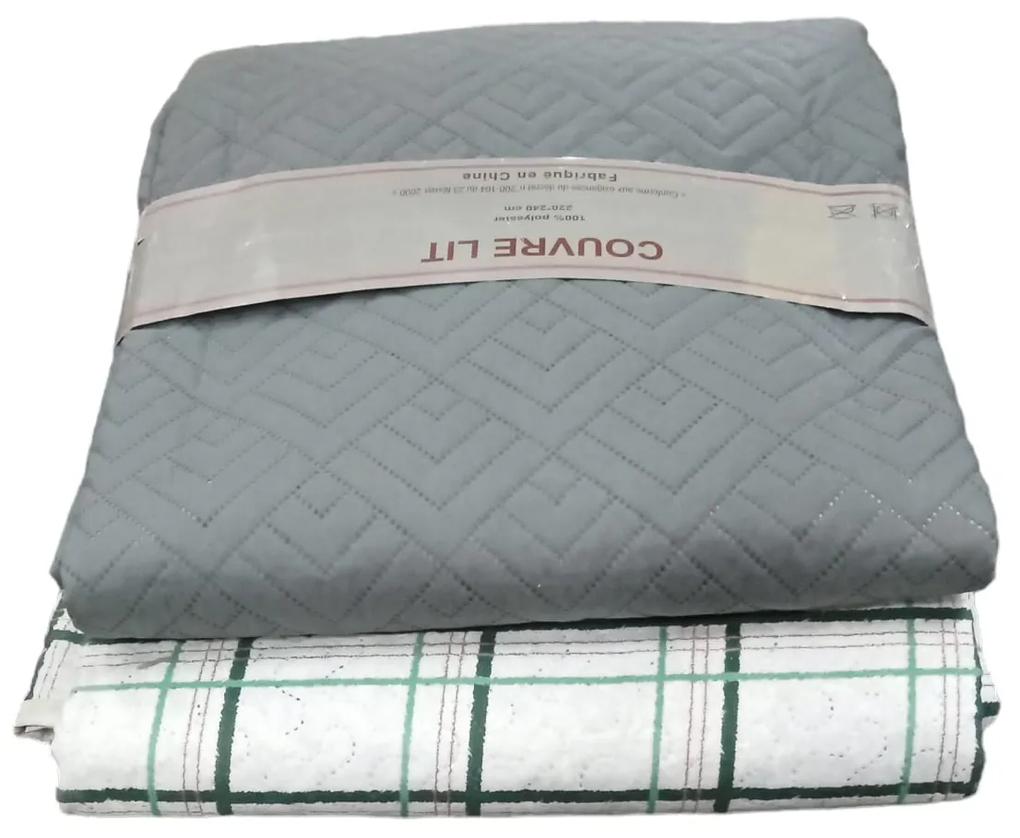 Přehoz na postel - tmavě šedý 220x240 cm BARVA: Bílá se zeleným čtvercem