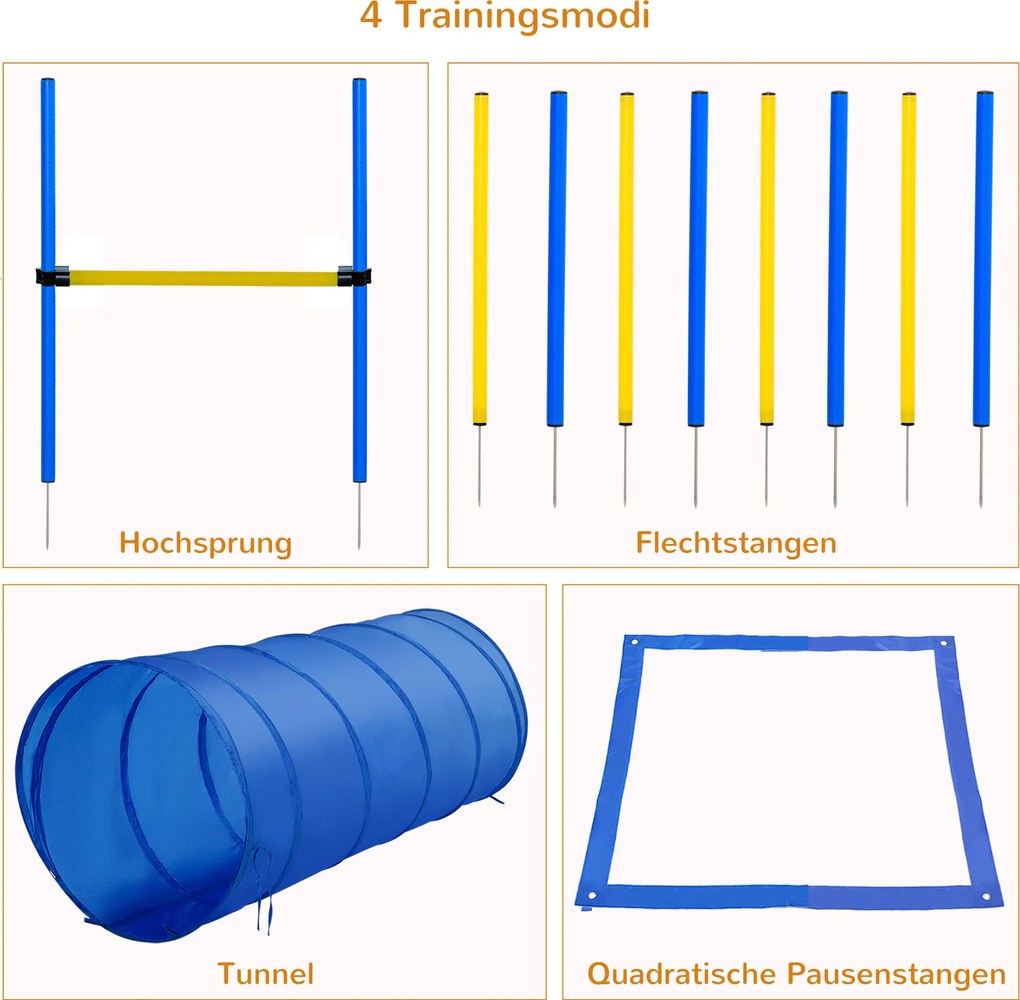 Tréninková sada PawHut agility slalomové překážky tunelové cvičiště pro psí sporty z PE a polyesteru v modré a žluté barvě pro aktivní psy