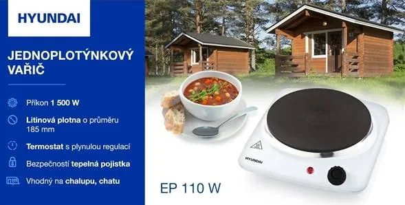 Elektrický vařič Hyundai EP 110 W / jednoplotnový / 1500 W / Ø 18,5 cm / bílá