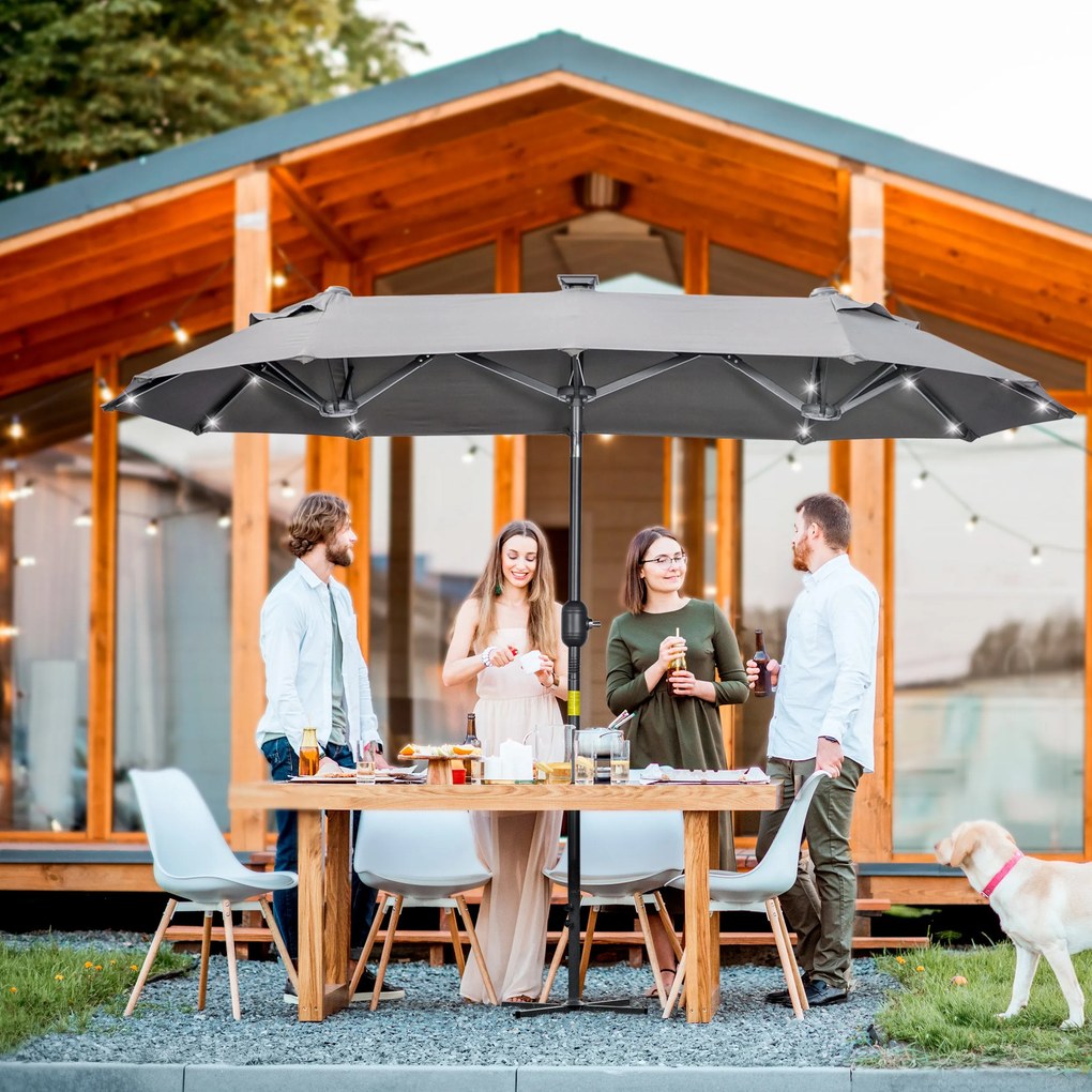 Outsunny Dvojitý slunečník 295x150x219 cm s LED solárními světly, nastavitelné sklopení a manuální klička pro terasu, bazén a pláž, šedý