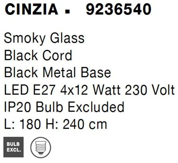 Nova Luce Závěsné svítidlo CINZIA kouřové sklo černý kabel černá kovová základna E27 4x12W