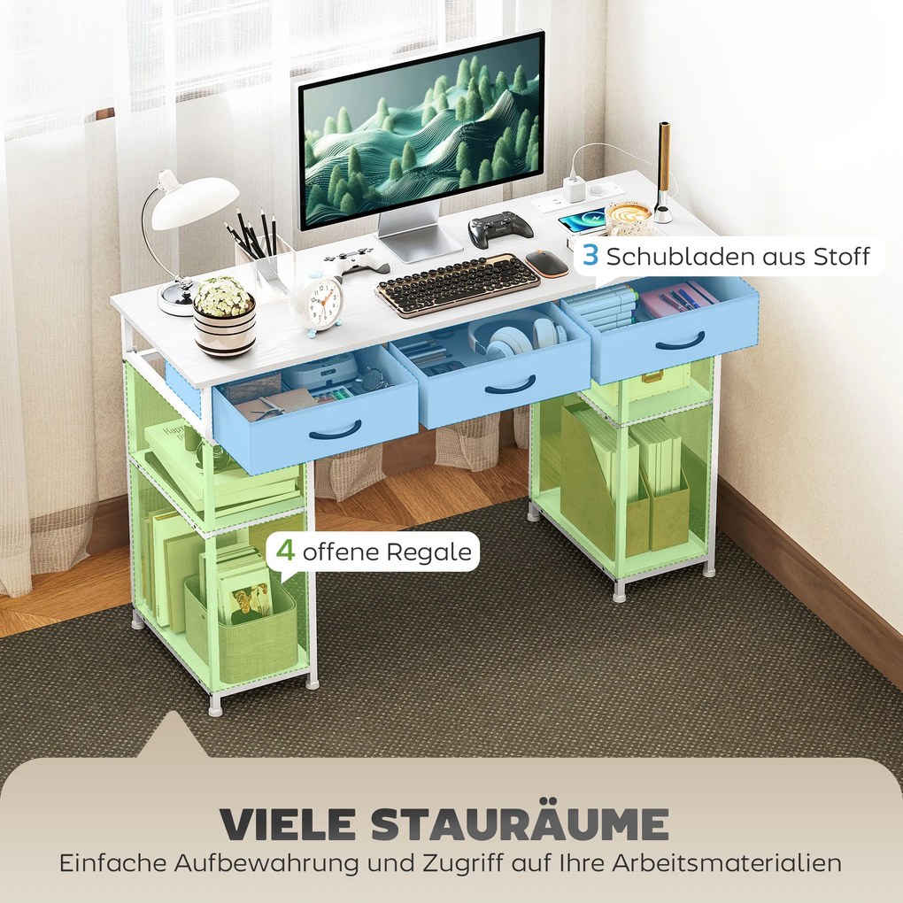 HOMCOM Psací stůl / kuchyňský stůl s 2 USB nabíjecími porty, 2 zásuvky, nastavitelné police, 3 látkové zásuvky, 120 x 40 x 76 cm, bílý