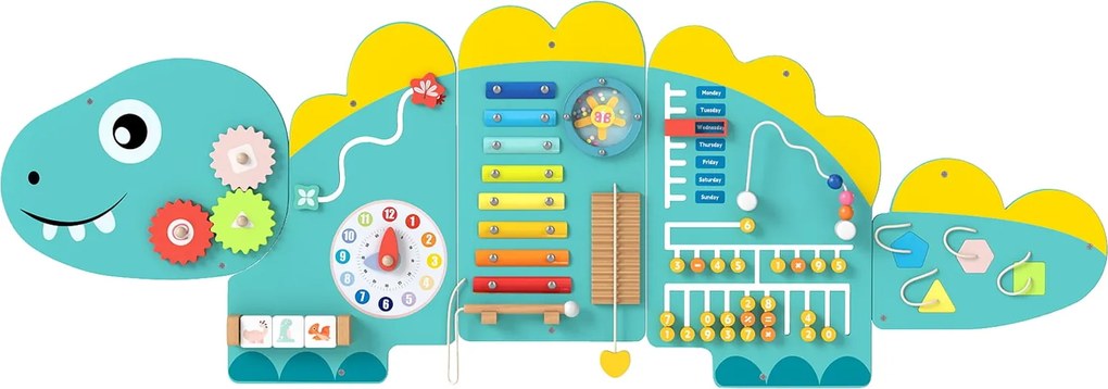 Costway Dinosaur Activity Wall pro batolata 11-in-1 Montessori dřevěná