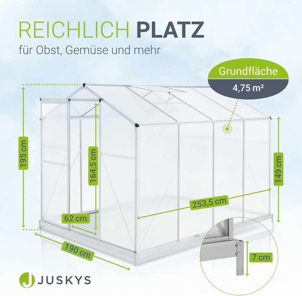 Juskys Hliníkový skleník se základovým rámem Velikost: 4,75 m²