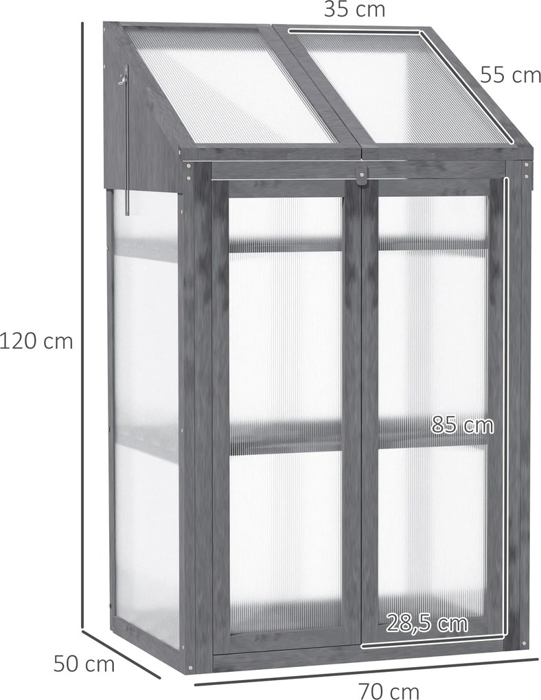 Mini-Gewächshaus, kleines Treibhaus mit Holzrahmen, Fenster und Doppeltür, 3 Regale, 70L x 50B x 120H cm, Grau