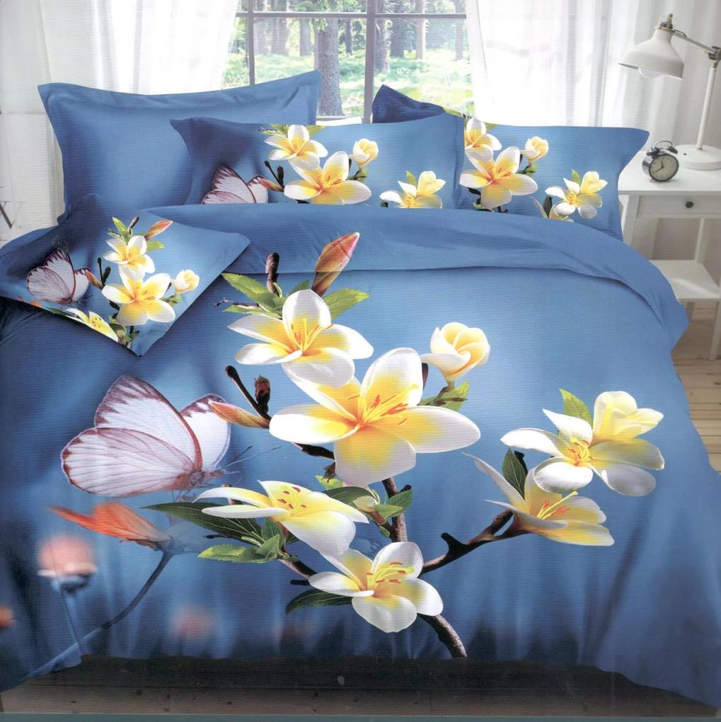 Bavlissimo Dvoudílné povlečení bavlna/mikrovlákno květy modrá bílá 140x200,  70x90 | BIANO