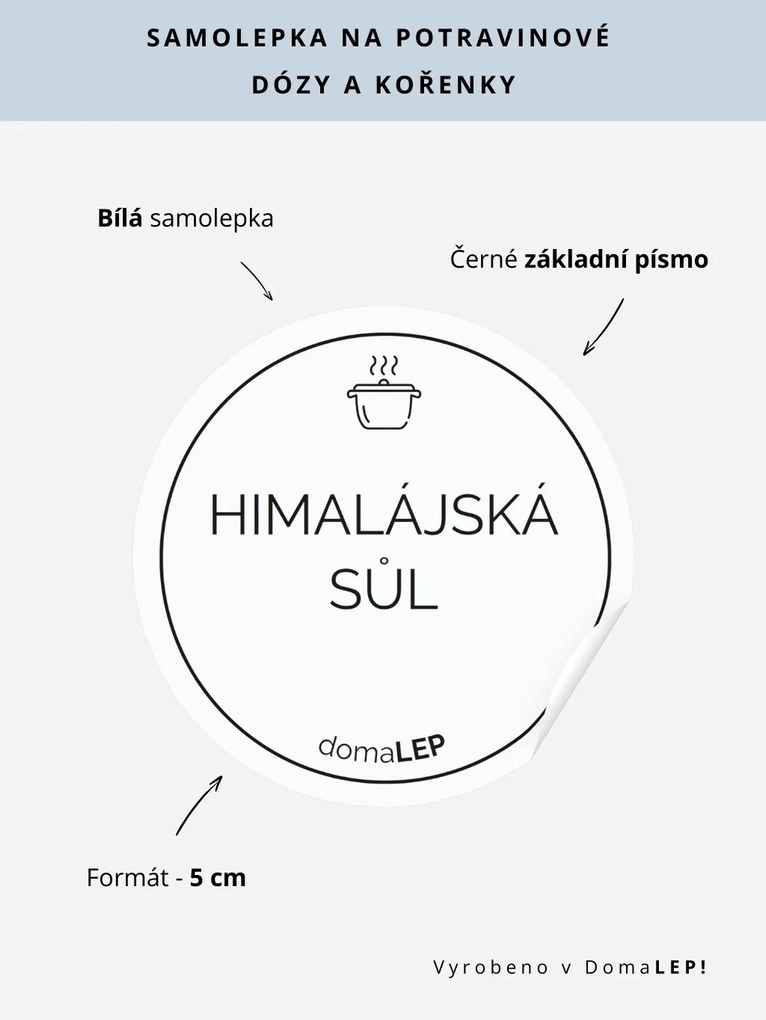HIMALÁJSKÁ SŮL – bílá samolepka na dózu, základní písmo, 5 cm | DomaLEP