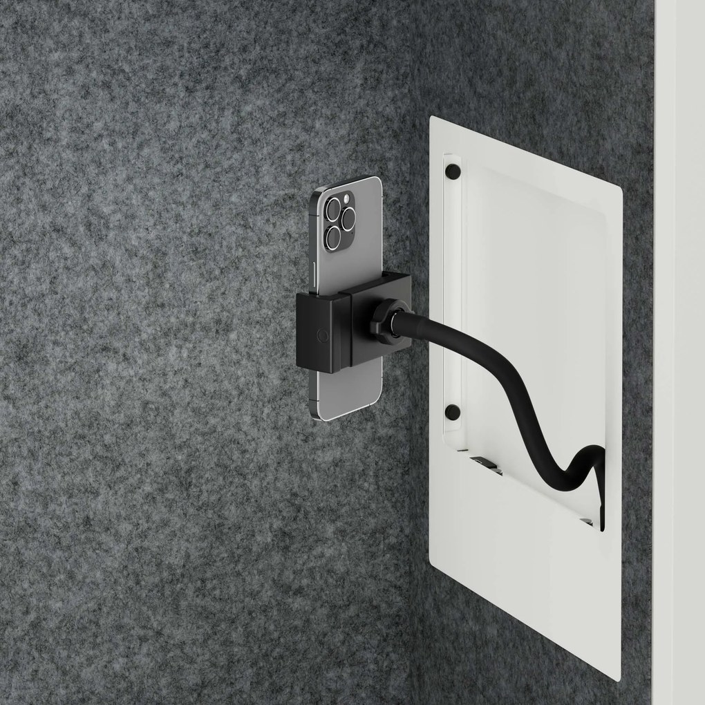 Kancelářská akustická kabina se sedátkem a USB-C portem, korpus bílý / sedák šedá, 600 mm: SALLY MentalBox