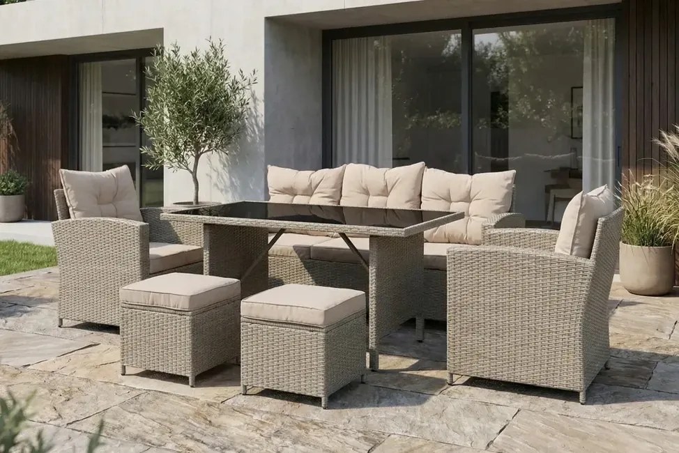 Zahradní sestava California Béžová – Ratanový relax s černým sklem