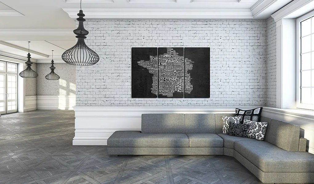 Obraz - Text map of France on the black background - triptych