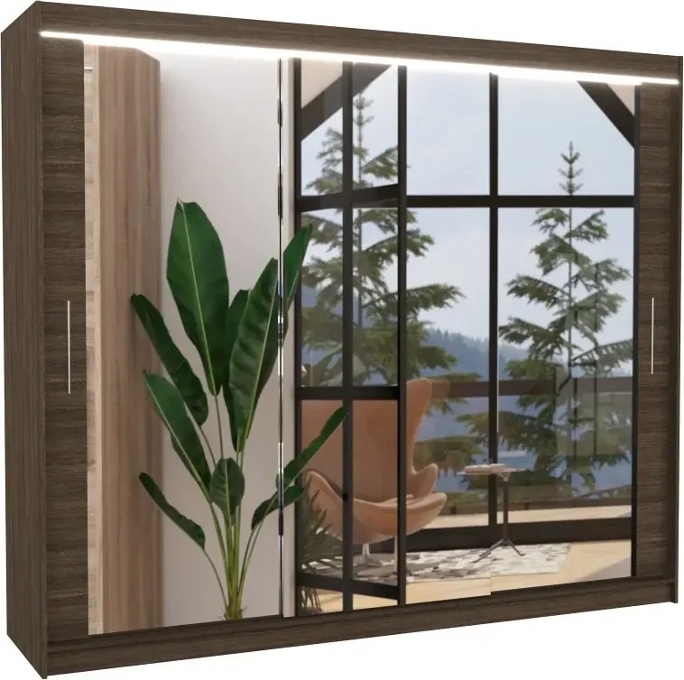 Posuvná skříň se zrcadlem a LED osvětlením CHESTER 250 choco