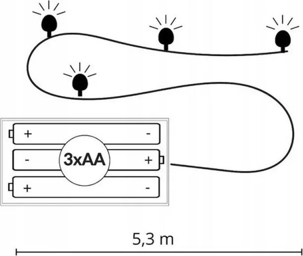 LED řetěz - 5m, 50LED, 8-funkcí, časovač, 3xAA, IP44, multicolor