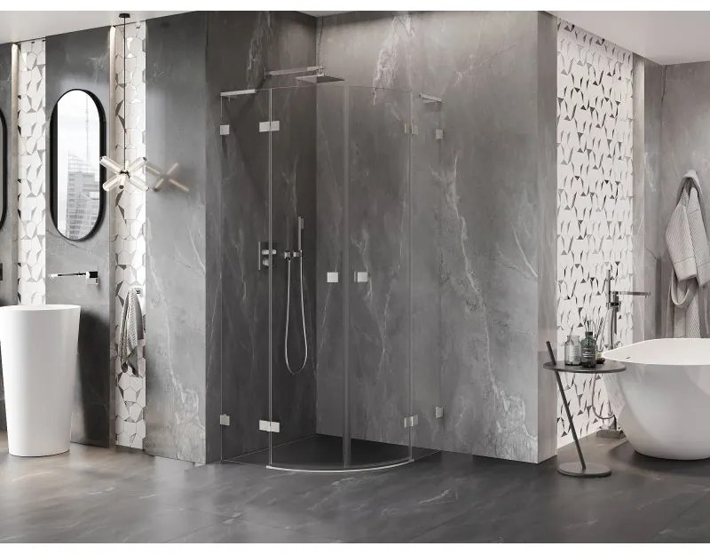 Mexen Lunar, L půlkruhový výklopný sprchový kout 90 x 90 cm, 8mm čiré sklo, ocelový profil, 833L-090L-090P-97-00