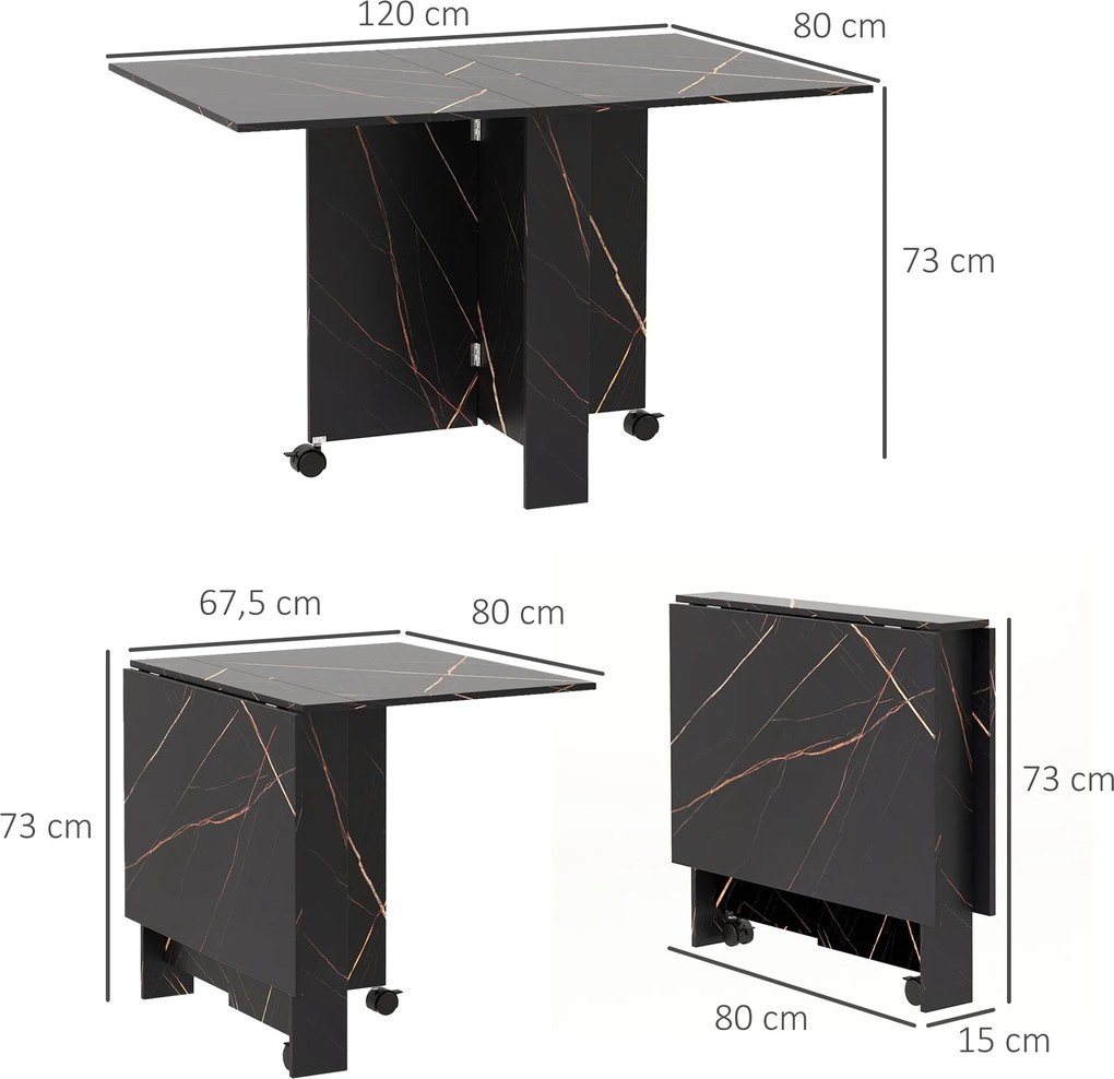 Skládací kuchyňský stůl HOMCOM, skládací jídelní stůl se 2 skládacími deskami, 2 kolečky s brzdami, pro 6 osob, nosnost 20 kg, 120 x 80 x 73 cm, imit…