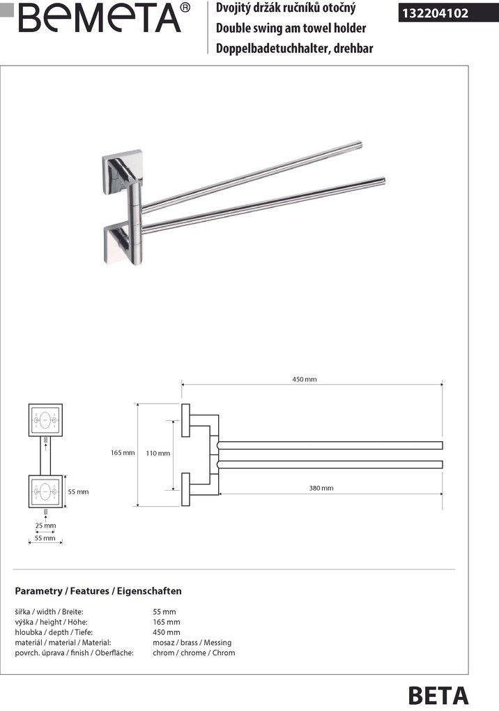 Bemeta Design BETA: Držák ručníků, 450 mm, dvojitý, otočný - 132204102